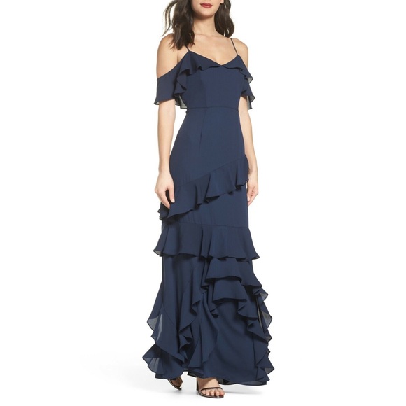 Wayf | Dresses | Wayf Danielle Off The Shoulder Tiered Ruffle Navy Blue ...